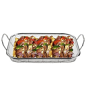 WUWEOT Grill Basket, Vegetable Barbecue Basket, 15" x 11" Stainless Steel Square Wire Mesh Grilling Basket Roasting Pan with Two Handles for Vegetables, Chicken, Meats and Fish