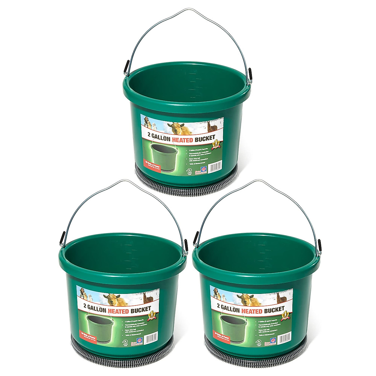 Farm Innovators HB-60 9 Quart 2 Gallon Plastic Heated Bucket w/Metal Handle, Built in Thermostat, & Anti Chew Cord Protector, 60 Watt, Green (3 Pack)