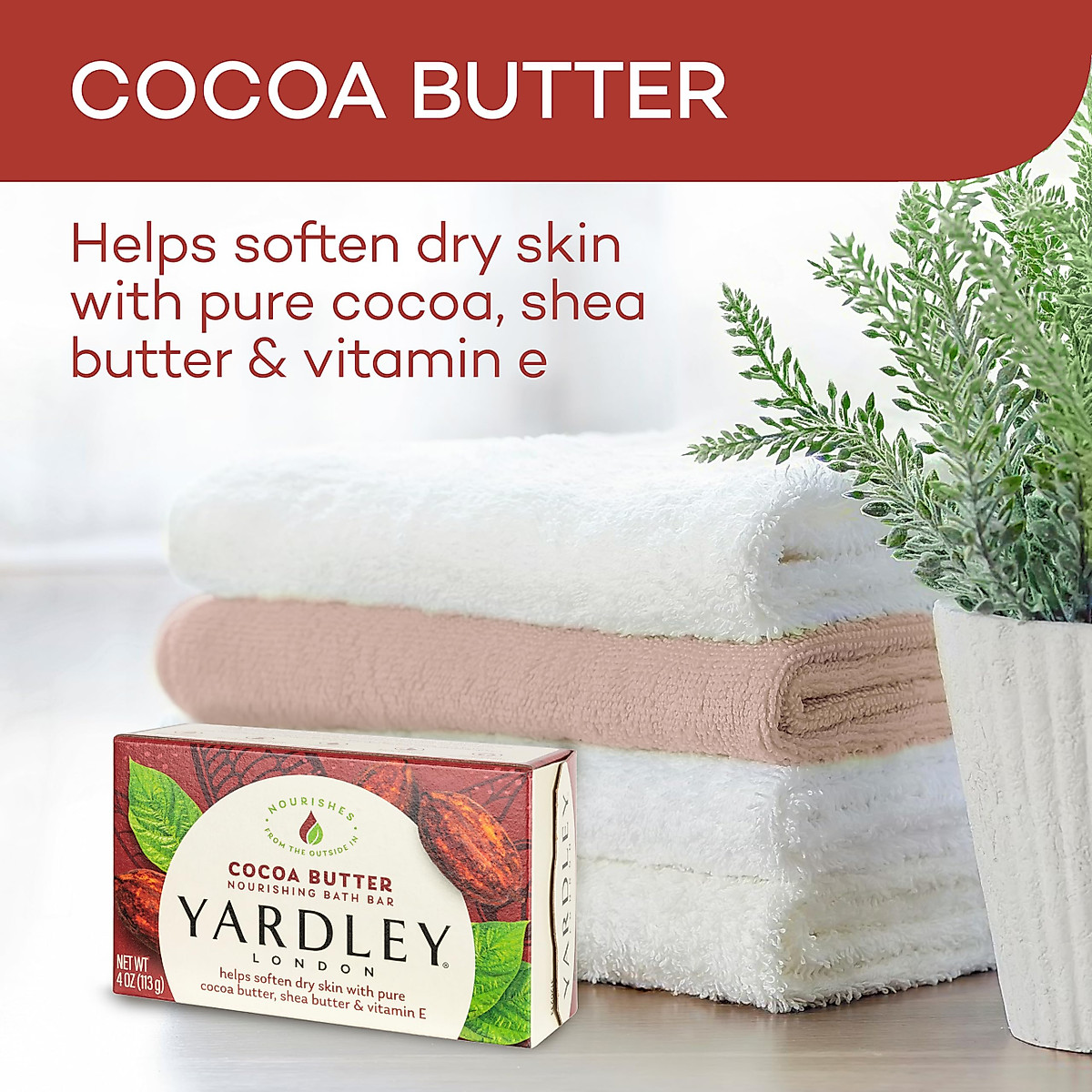 Yardley London Nourishing Bath Soap Bar Cocoa Butter, Helps Soften Dry Skin with Pure Cocoa Butter, Shea Butter & Vitamin E, 4.0 oz Bath Bar, 1 Soap Bar