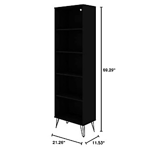 Manhattan Comfort Rockefeller Mid Century Modern 5 Shelves Home Office Bookcase with Metal Legs, 21.26", Black