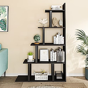 YITAHOME 5-Shelf Bookshelf, L-Shape Freestanding Ladder Corner Bookcase, Modern Minimalist Style Multipurpose Storage Display Rack for Living Room Bedroom Hallway Office, Black