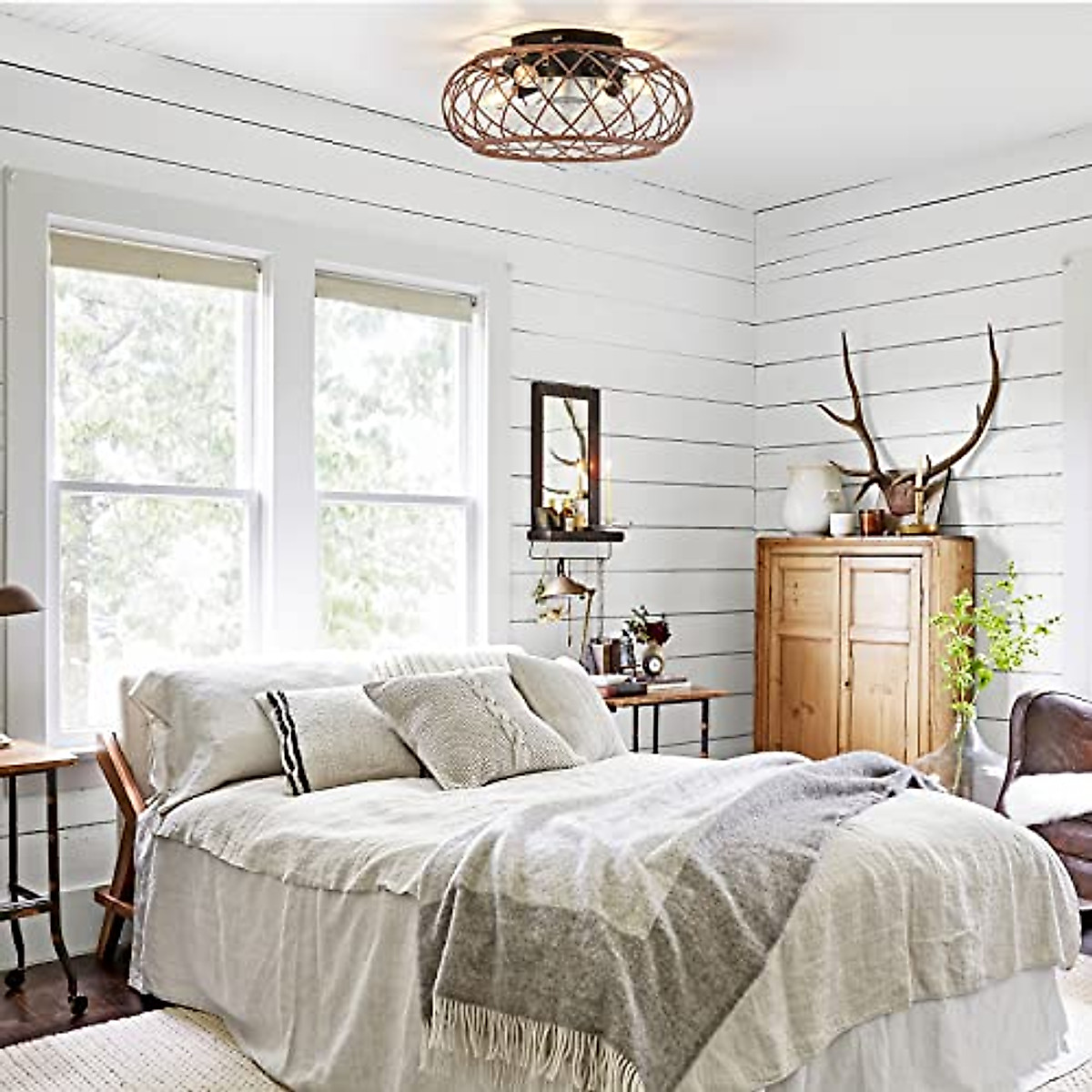 17'' Low Profile Caged Ceiling Fan with Lights Remote Control, Metal Flush Mount Indoor, 3 Speeds Adjustable, Small Industrial Ceiling Fan with Light for Living Room, Kitchen, Bedroom