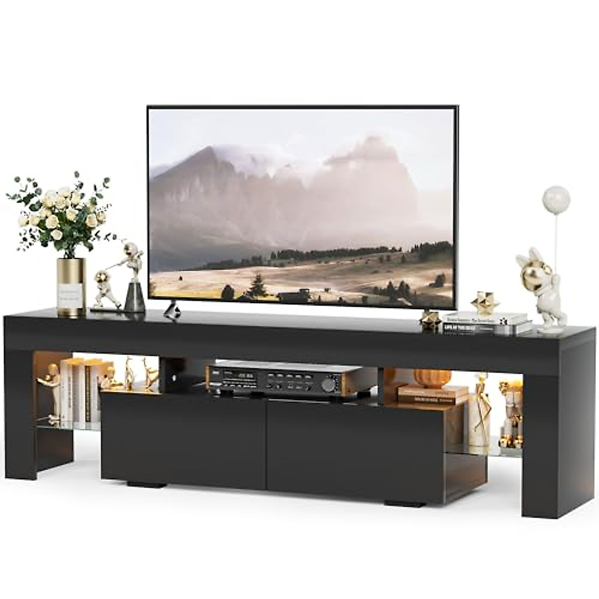 YESHOMY Modern LED TV Stand for Televisions up to 70 Inch with Glass Shelves and Drawer, Gaming Entertainment Center with Multiple Dynamic RGB Modes, for Livingroom, Bedroom, 60 Inch, Black