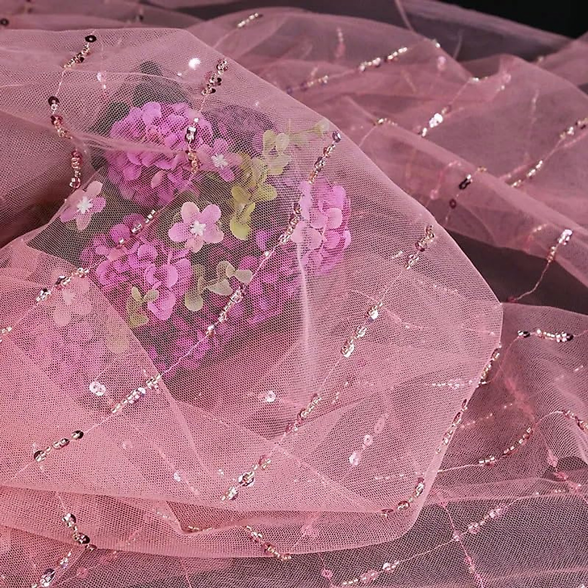 XMTXZYM 3 Yard Mesh Sequined Beaded Lace Fabric for Wedding Dress Evening Dress Handmade DIY Accessories