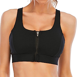 Cordaw Zipper in Front Sports Bra High Impact Strappy Back Support Workout Top, Black Medium