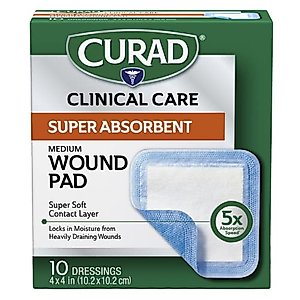 Curad Super Absorbent Wound Pad, Medium, 4" x 4", 10 Count