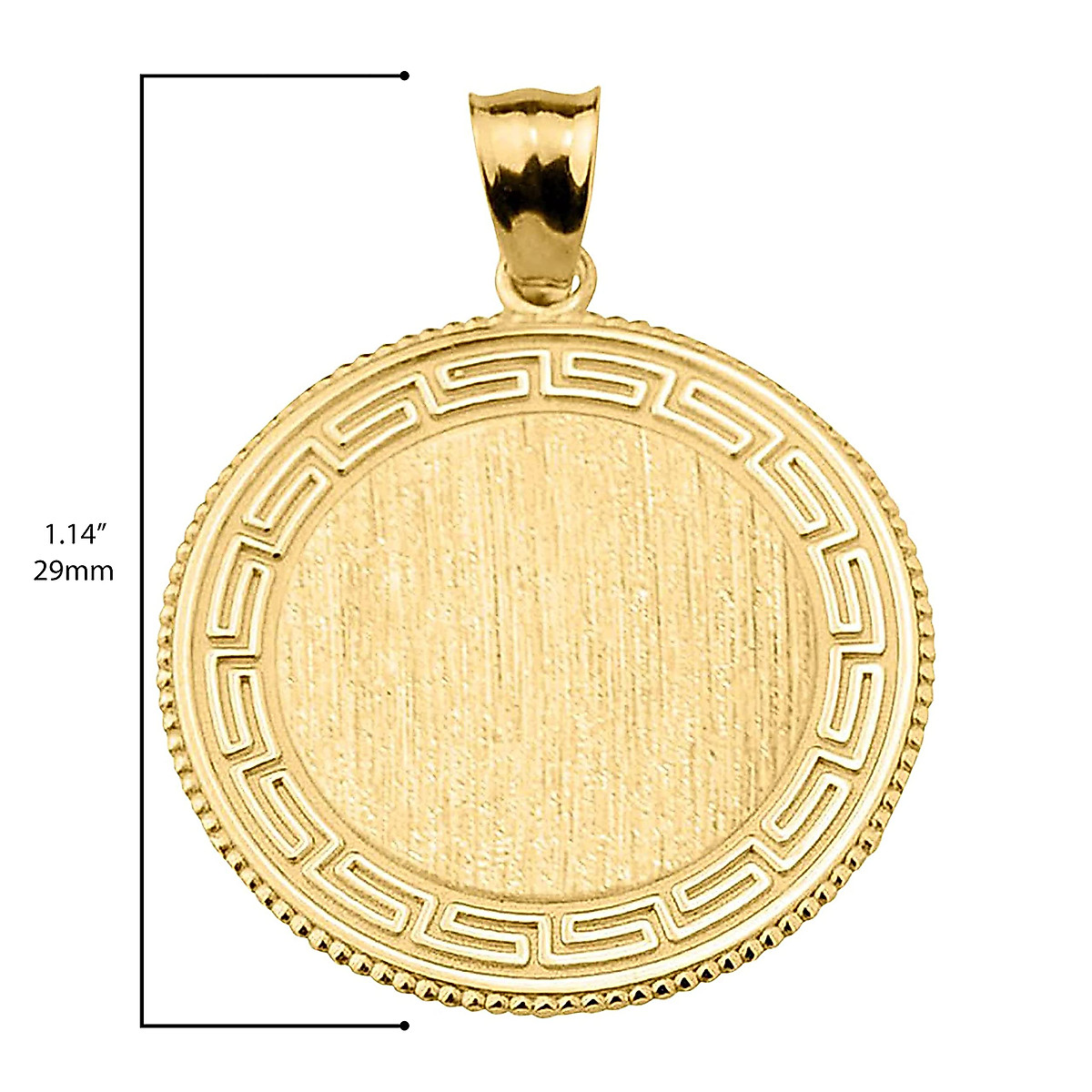 Trendy Necklaces 14K Yellow Gold 1-1/8" Round Greek Meandros Hellenic Key Milgrain Brushed Finish Engravable Medal Pendant Charm