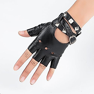 Fingerless Leather Gloves, Half Finger Biker Punk Gloves (One size fits all) with Belt Up and Rivet Design for Halloween Costume Party