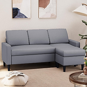 Shintenchi 74" Convertible Sectional Sofa Couch, Small 3-Seat L-Shaped Sofa with Modern Linen Fabric Upholstered, Space-Saving Sofa with Reversible Chaise for Living Room Apartment(Light Gray)