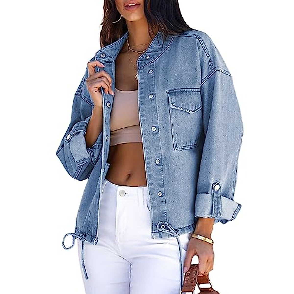 Dokotoo Jean Jackets for Women Cropped Jackets Fashion Spring Fall 2023 Casual Long Sleeve Utility Cargo Denim Jacket Button Down Trucker Shacket Jackets Coat with Pockets Sky Blue Medium