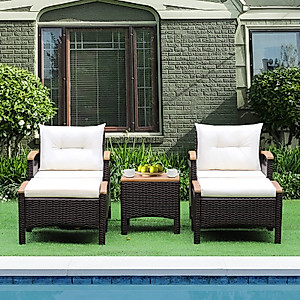 HAPPYGRILL 5 Pieces Patio Furniture Set Outdoor PE Wicker Lounge Chair and Ottoman Set with Cushions and Side Table with Acacia Wood Tabletop, Outdoor Conversation Set for Garden Poolside Backyard