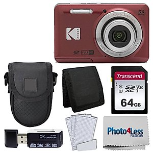 Kodak PIXPRO FZ55 Digital Camera (Red) + Black Point & Shoot Camera Case + Transcend 64GB SD Memory Card + Tri-fold Memory Card Wallet + Hi-Speed SD USB Card Reader + More!