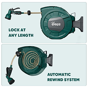 Retractable Garden Hose Reel -1/2 in x 100 ft Wall Mounted Water Hose Reel Outdoor Organizer for Garden Watering, Include Sprayer & 9 Pattern Nozzle, Auto Rewind/Any Length Lock/ 180°Swivel Bracket
