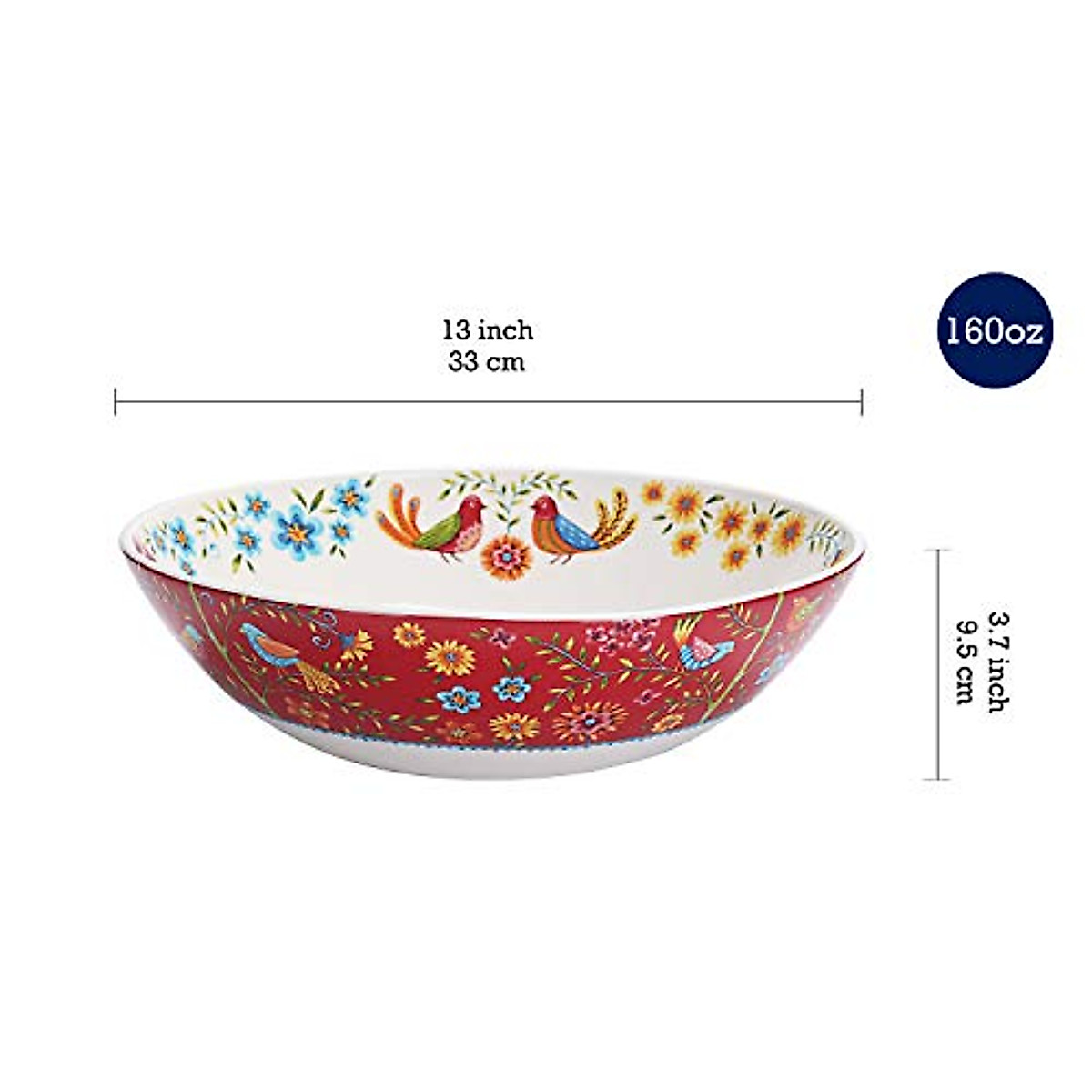 Bico Red Spring Bird Ceramic 13 inch Serving Bowl, Microwave & Dishwasher Safe