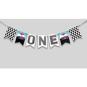 Race Car ONE Highchair Banner 1st Birthday Party Decoration Supplies for Kids Garland Decorations Baby Boy Checkered Pennant Cake Smash Milestone Photo Prop, Multi, 6.5 * 4.5 INCHES Flag