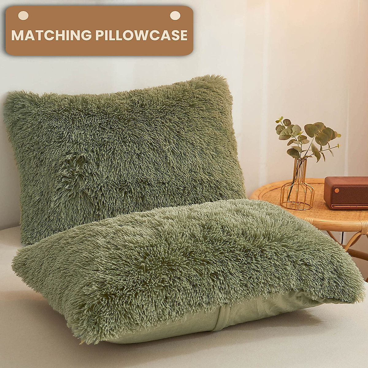 MEGO Luxury Shaggy Faux Fur Duvet Cover Set, Ultra Soft 3 Pieces Fluffy Comforter Cover Set, Fuzzy Bedding Set(1 Plush Furry Duvet Cover + 2 Pillowcases), Zipper Closure(Queen, Sage Green)