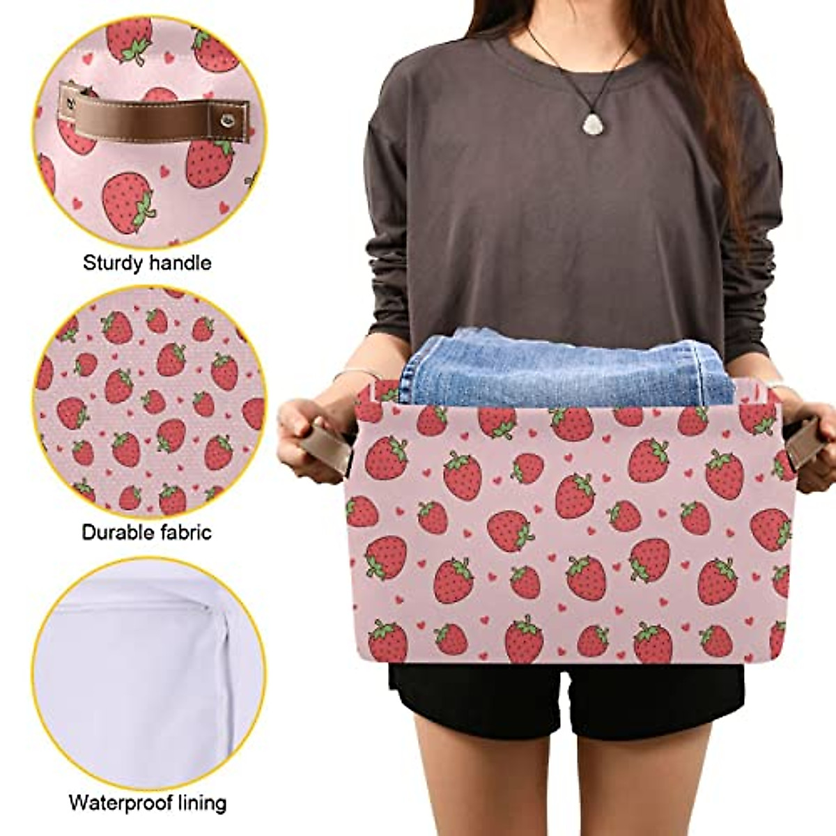 ALAZA Pink Love Heart Strawberry Large Storage Basket with Handles Foldable Decorative 1 Pack Storage Bin Box for Organizing Living Room Shelves Office Closet Clothes