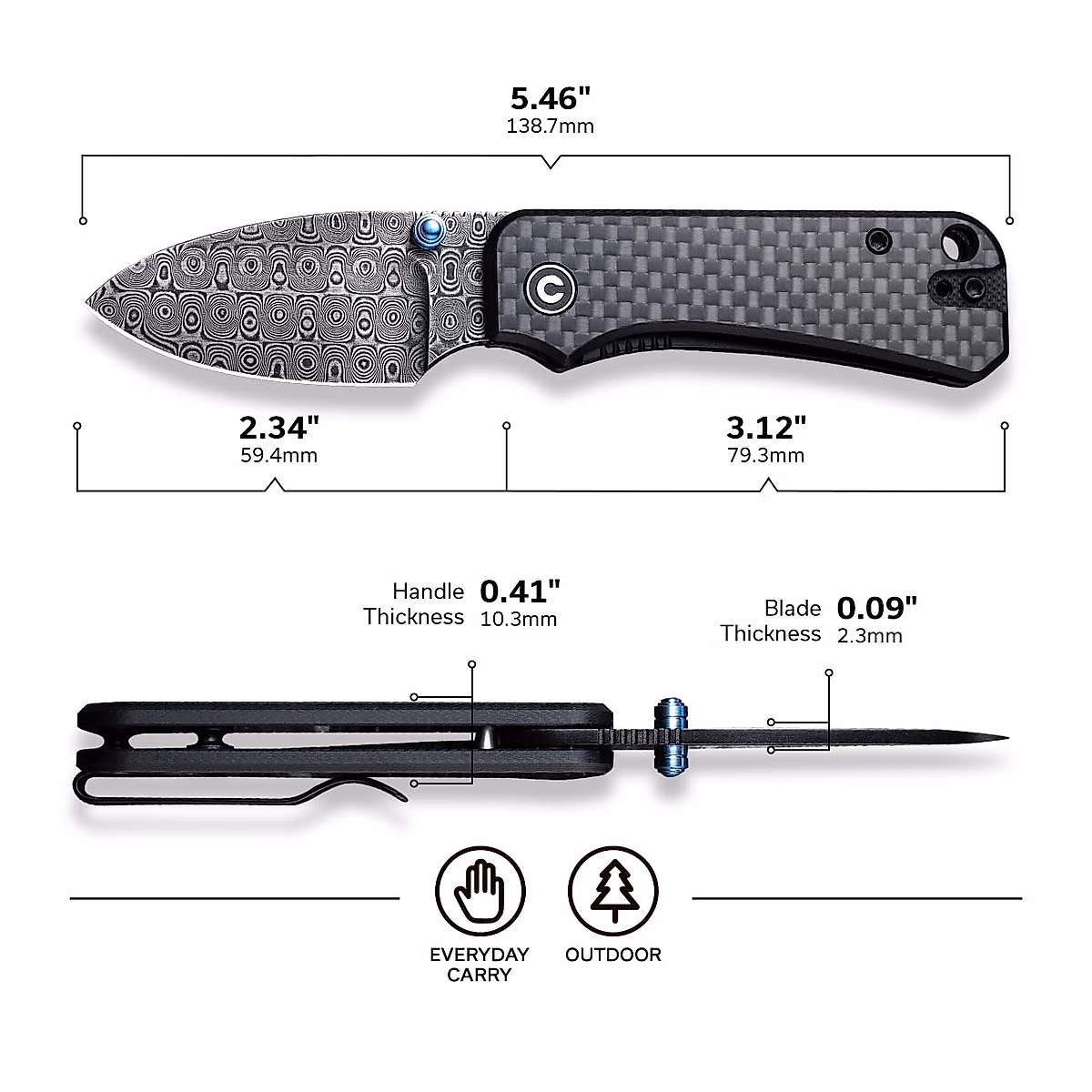 CIVIVI Small Pocket Knife for EDC, Ben Petersen Folding Knife Baby Banter with 2.34" Damascus Blade Carbon Fiber Overlay on G10 Handle, Titanium Thumb Stud Opener C19068S-DS1