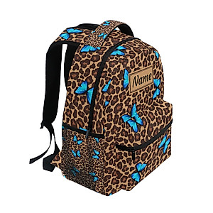 Blue Butterfly Leopard Cheetah Print Custom School Backpack for Boys Girls, Personalized Name Elementary School Bookbag Travel Bag Daypack