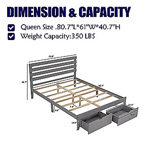 Novaris Queen Size Pine Platform Bed Frame with 2 Storage Drawers, Modern Classic Platform Bed with Headboard/Wood Slats Support/No Box Springs Needed for Bedroom Apartment Girls Boys (Queen, Gray)