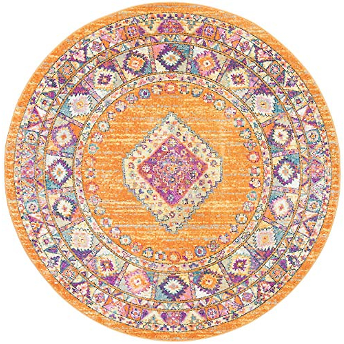 SAFAVIEH Madison Collection 6'7" Round Orange / Fuchsia MAD133D Boho Chic Medallion Non-Shedding Dining Room Entryway Foyer Living Room Bedroom Area Rug