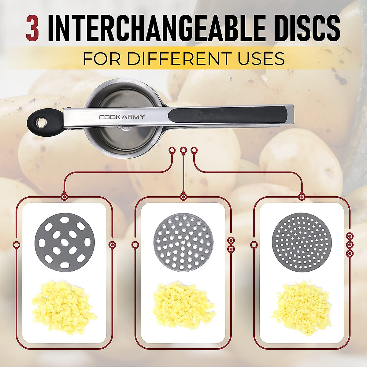 Cook Army Potato Ricer Stainless Steel Professional – 15 Oz Ricer Kitchen Tool With 3 Interchangeable Discs & Non Slip Handle – Mashed Potatoes Ricer & 3 in 1 Veggie Potato Peeler Knife Gadget