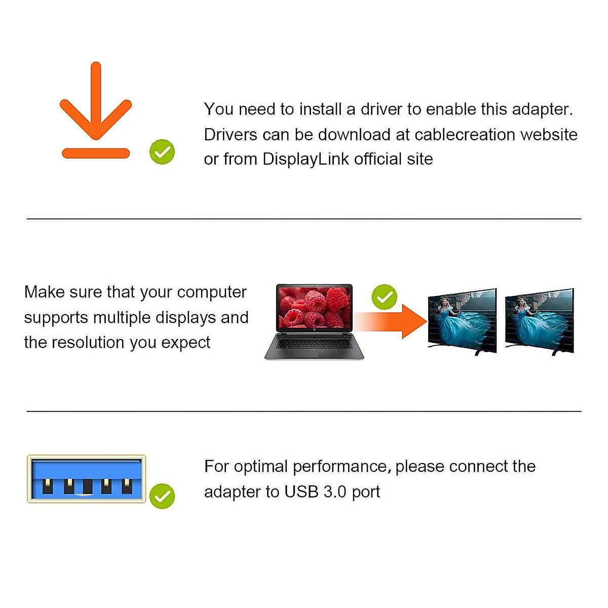 CableCreation USB 3.0 to HDMI Adapter with DisplayLink, USB External Display Graphics Adapter Compatible with Windows 11,10 and macOS, Black