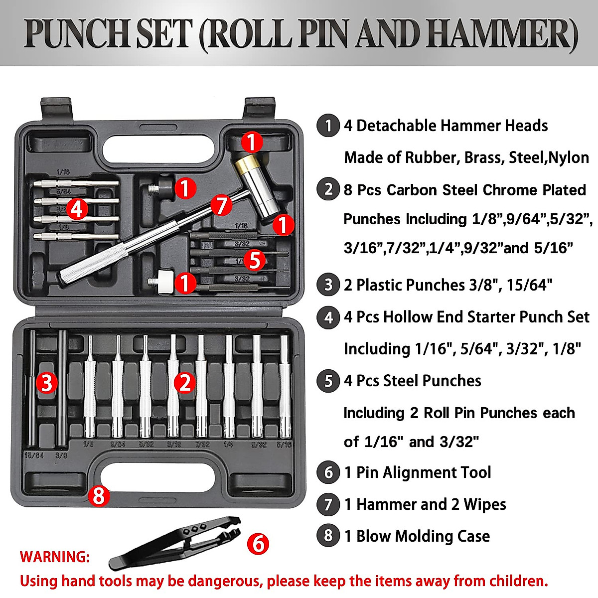 BESTNULE Punch Set, Pin Punches, Punch Tool, Roll Pin Punch Set, Made of High Quality Metal Material Including Punches and Hammer, Mechanical Repair Tool, with Organizer Storage Box (with Bench Block)