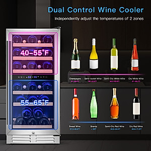 ORALNER 15“ Dual Zone Wine Cooler Refrigerator, 30-Bottle Built-in Beverage Wine Fridge w/Removable Wooden Shelves, Lockable Glass Door, Blue LED Interior Lights, Drink Wine Cellar for Kitchen Bar