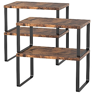 CADUKE Set of 4 Counter Shelves Kitchen Stackable Cabinet Shelf Wood Organizer Expandable Counter Top Racks Brown Bathroom Counter Organizer