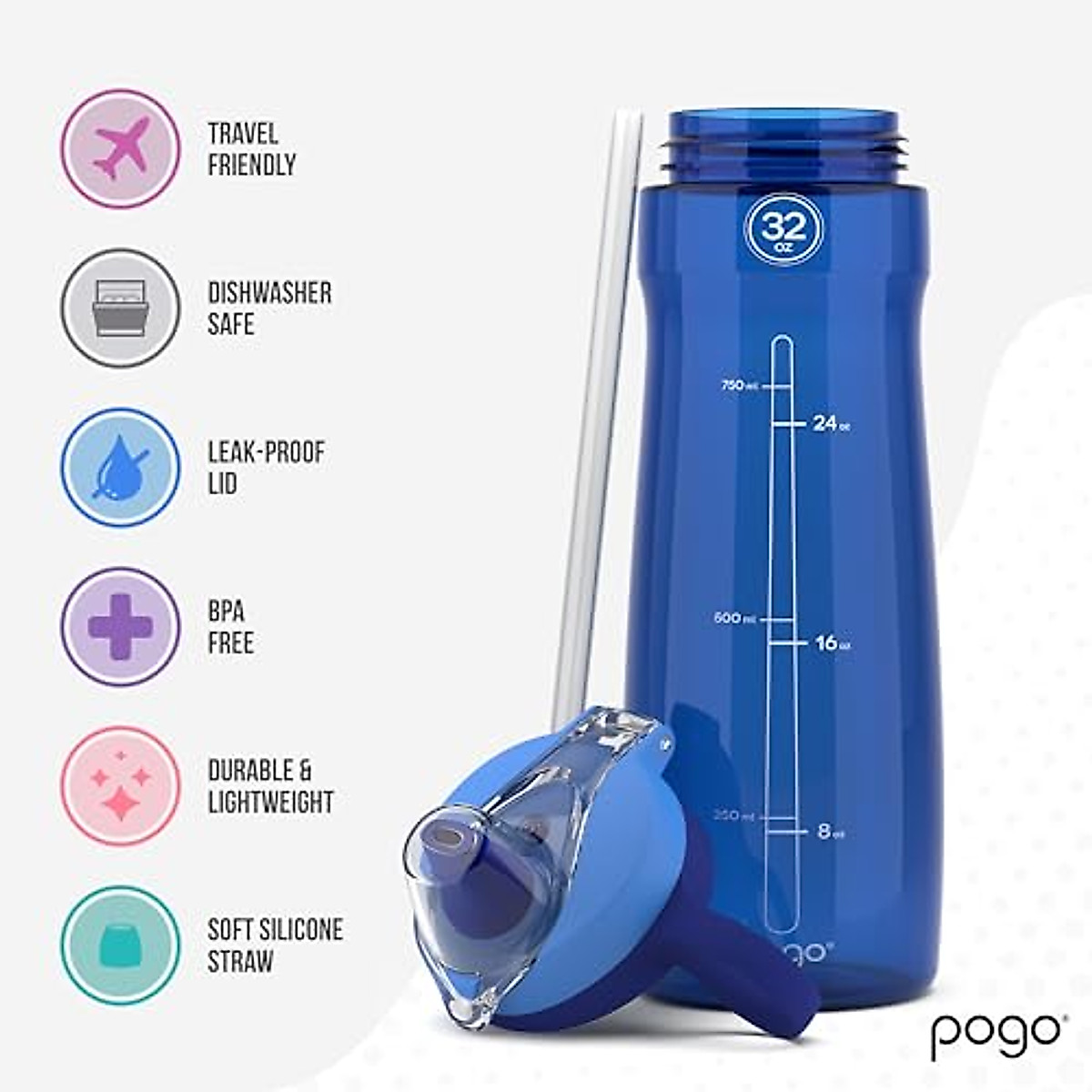 Pogo BPA-Free Tritan Plastic Water Bottle with Soft Straw, 32 Oz, Blue