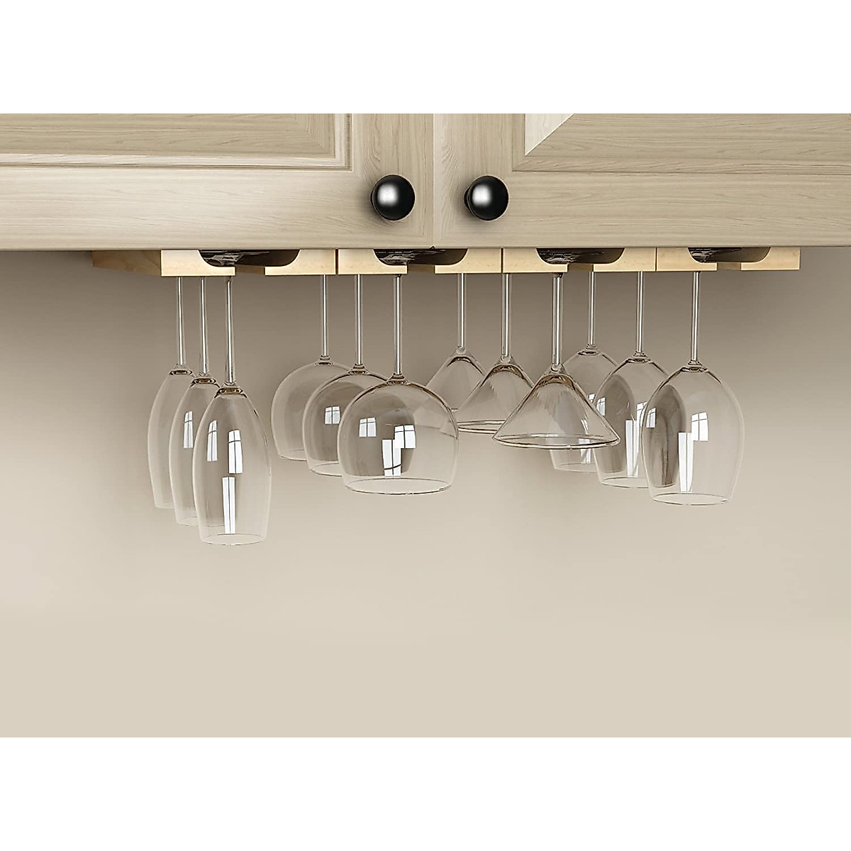 Rustic State Vigo 4 Sectional Adjustable Under Cabinet Mount Wood Stemware Rack Hanging Shelf Glassware Holder Bar Organizer with up to 12 Wine Glass Storage 11 Inch Deep Natural