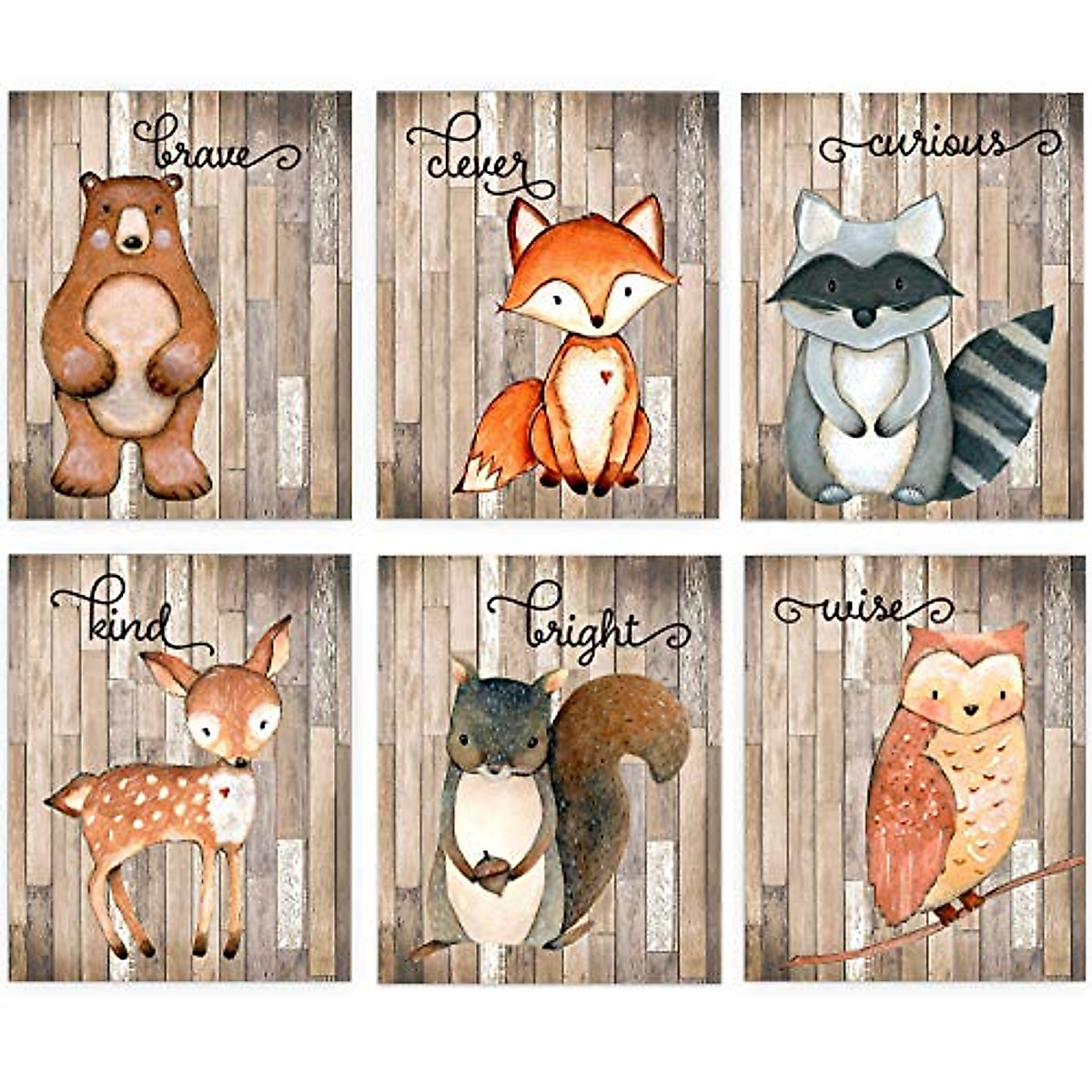 Woodland Nursery Decor for Boys - Animal Pictures Wall Art - Baby Room Animal Prints on Shiplap Background - Bear Deer Fox Raccoon Owl Squirrel Decor - Set of 6 PRINTS - 8x10 - UNFRAMED