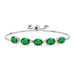 Gem Stone King 4.01 Ct Green Simulated Emerald G-H Lab Grown Diamond 925 Silver Bracelet For Women
