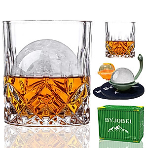 BYJOBEI Whiskey Rocks Glass, 2 Crystal Bourbon Glasses, 2 Ice Ball Molds 2 Coasters In Gift Box, 11 Oz Rock Barware for Bourbon Scotch Cocktail Vodka, Unique Gifts for Men