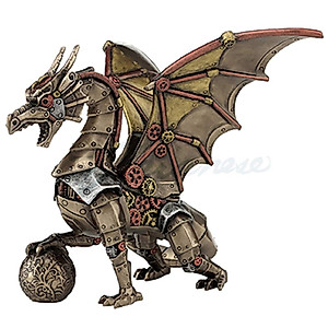 Steampunk Mechanical Gear Dragon Sitting Holding Sphere Statue Sculpture Bronze