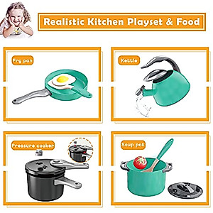 Bruvoalon 32Pcs Kids Play Kitchen Toys Set, Toddlers Pretend Cooking Playset Acccessories with Pots Pans, Utensils Cookware, Foods, Canned Veges, Learning Gift for Kids Girls Boys (Green)