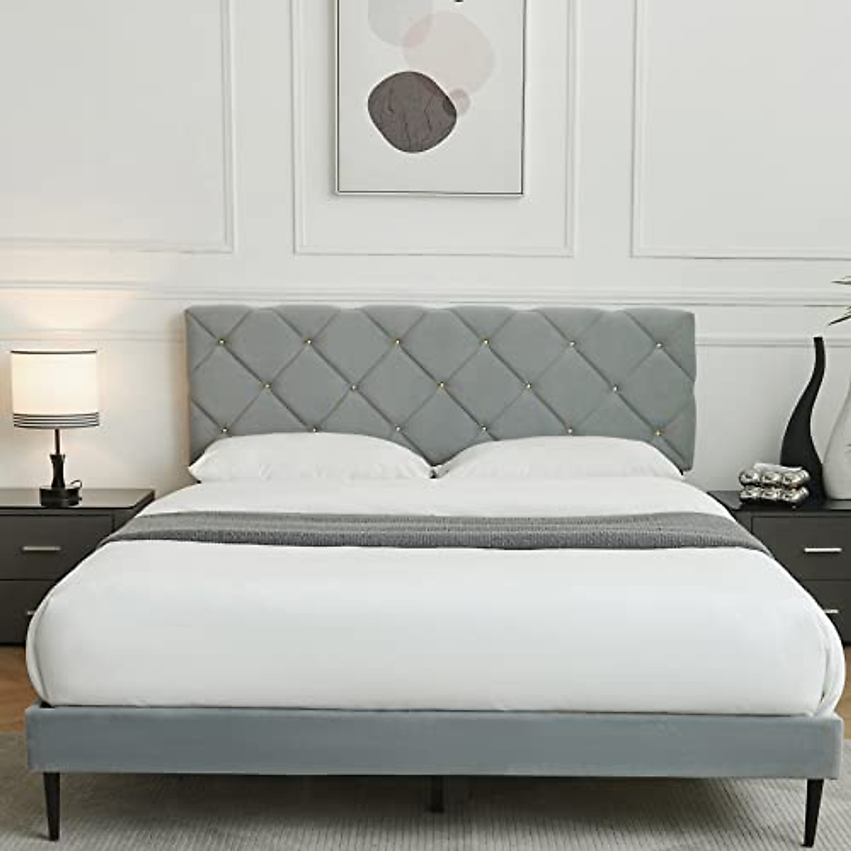 AsKmore Queen Size Bed Frame,Velvet Upholstered Platform with Headboard and Strong Wooden Slats,Non-Slip and Noise-Free,No Box Spring Needed, Easy Assembly,Light Grey