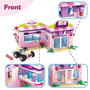BRICK STORY Girls Friends Ice Cream Shop Building Set Pink Beach Ice Cream Dessert Store Building Blocks Toys with Beach Buggy Friends Beach Vacation Playset for Kids 6-12, 317 Pieces