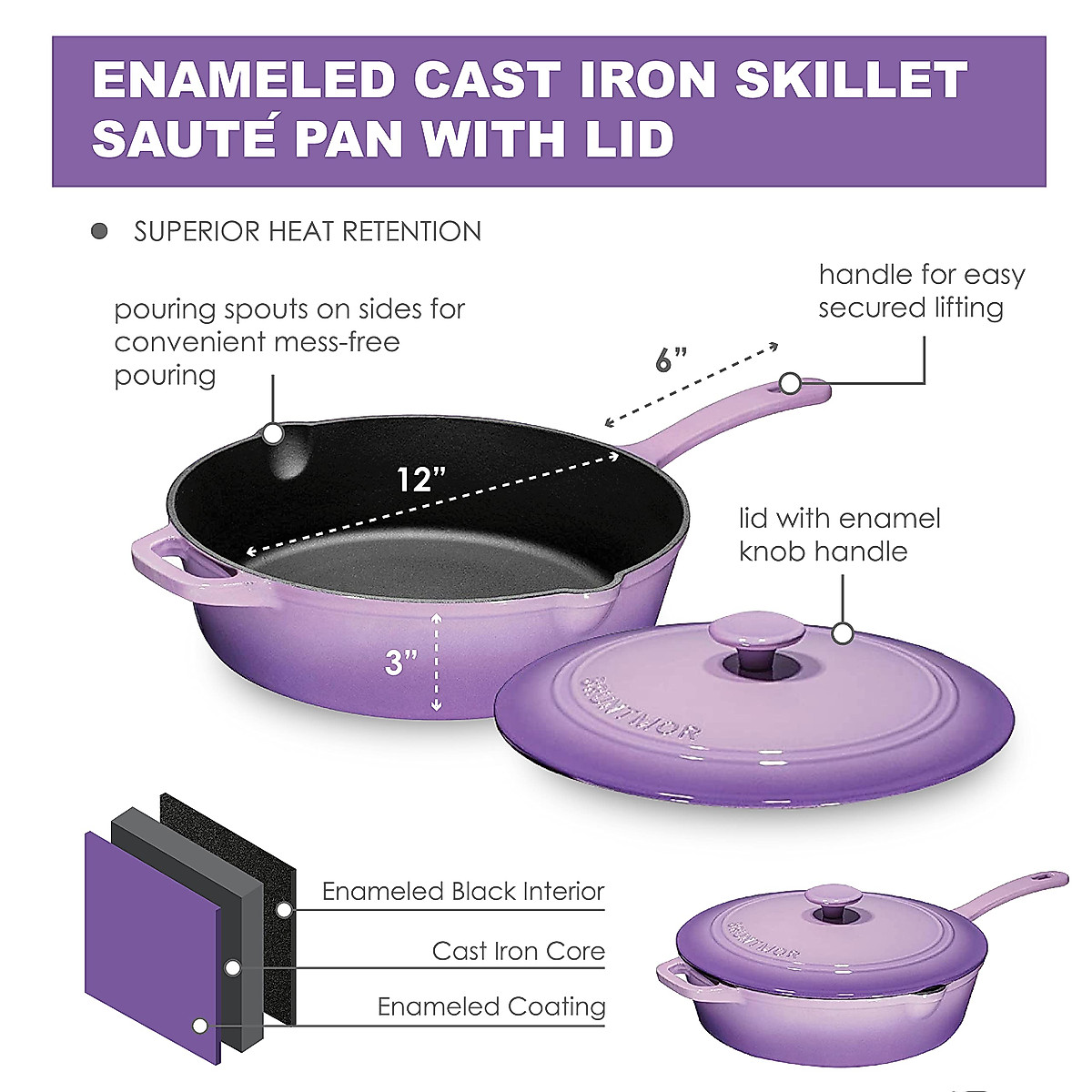 Bruntmor 5qt Purple Enameled Cast iron Skillets With Lid and handle, Non stick Cookware And Grill For Casserole Dish, 5 Quarts Grill Frying Pan,Saute pan,Bakeware