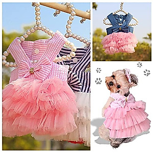 Pet Dog Dress Puppy Cats Tutu Fancy Cute Striped Mesh Vest Princess Petite Doggy Bowknot Dresses for Pomeranian Chihuahua Small Breed Dogs Skirt Puppies Clothes Supplies(Pink/Blue/Denim S)