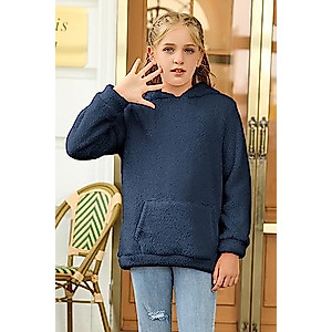 Haloumoning Girls Fuzzy Fleece Pullover Hoodies Sweatshirt Casual Loose Outwear Coat with Pockets 4-15 Years