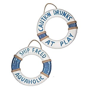 MEANT2TOBE Tiki Bar Hut, Hand Carved Buoy Cute Lifesaver Rings “Ship Faced Aquaholic” & “Caution Drunks at Play”, Sign Pool Decorations, Beach Décor Life Ring, Tiki Bar Decorations