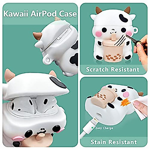 3 Pack Cute Airpod Case for Airpod 2&1,3D Kawaii Cartoon Funny Boba Tea Cow & Glows Ghost Soft Silicone Protective Cover Accessories Skin for Airpods 1&2 Gen Charging Case for Girls Boys Kids Teens