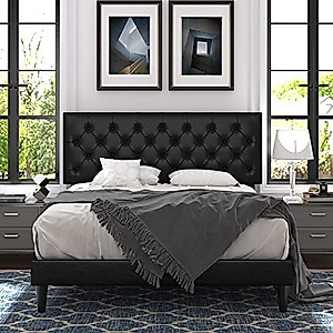 Allewie Queen Bed Frame with Adjustable Diamond Stitched Button Tufted Headboard/Faux Leather Upholstered Platform Bed with Easy-Assembly Wood slats, Black