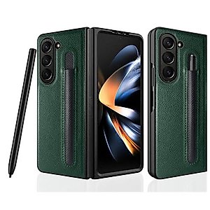 Case for Samsung Galaxy Z Fold 5 Luxury Litchi Grain PU Leather PC with S Pen Holder Protection Cover Anti-Fingerprint Dustproof Shockproof Compatible with Samsung Galaxy Z Fold 5(Green)