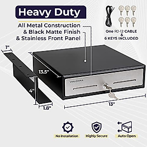 Cash Register Drawer with Under Counter Mounting Bracket - 13" Black Cash Drawer for POS, Stainless Steel Front 4 Bill 5 Coin Cash Tray, Removable Coin Tray, 24V RJ11/RJ12 Key-Lock, 2 Media Slots