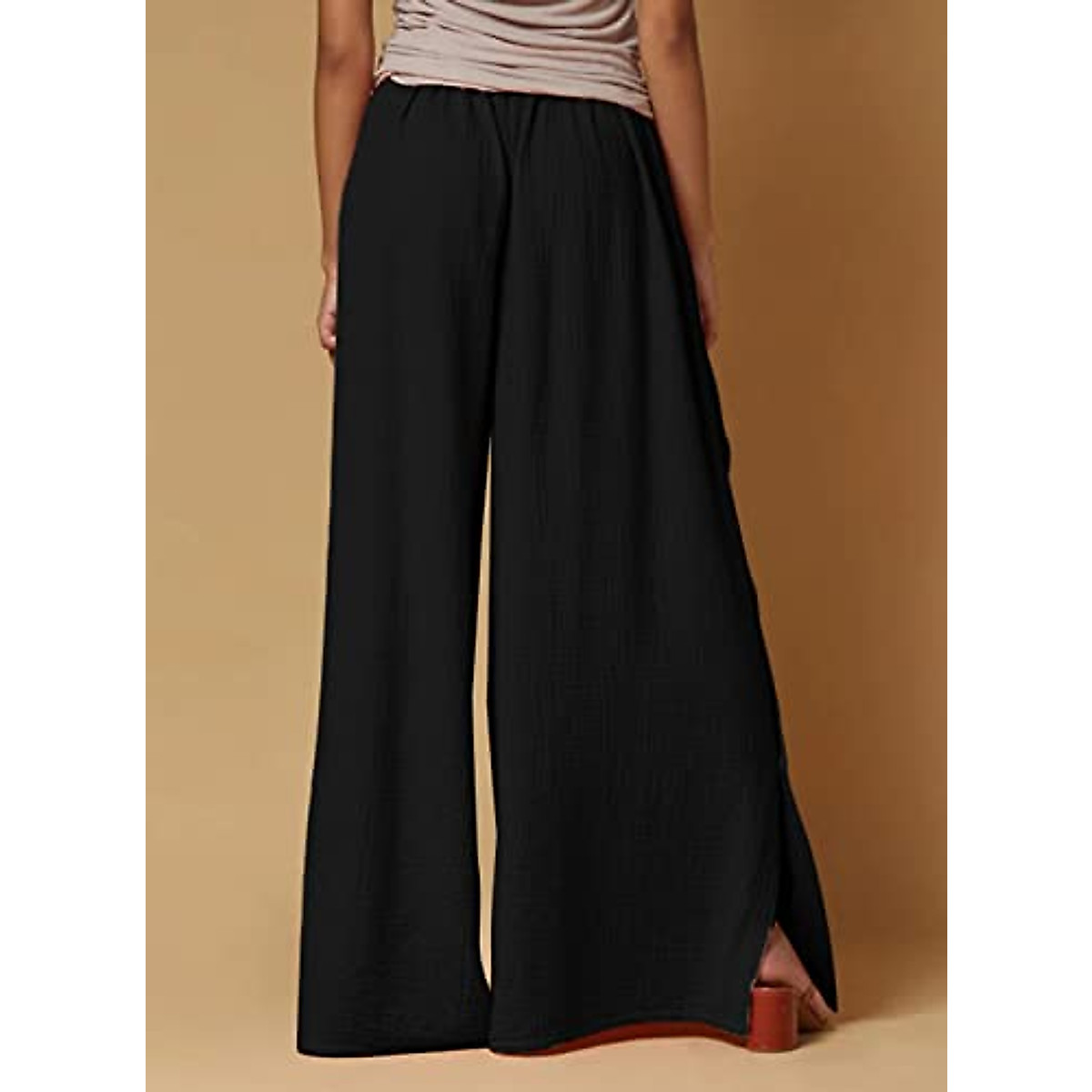 Dokotoo 2023 Fashion Cotton Wide Leg Linen Pants for Women Spring Summer Solid Elastic High Waist Drawstring Side Button Split Long Pants Beach Sport Office Jogging Jogger Black M
