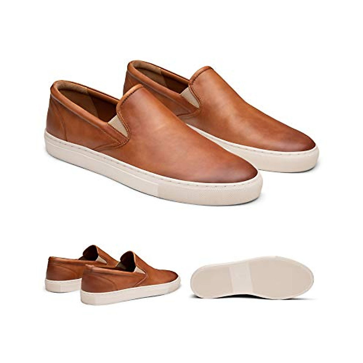 Dunross & Sons Men's Fashion Sneakers, Leather Sneakers for Men, Ollie Tan Slip-On Low Top Mens Casual Shoes.