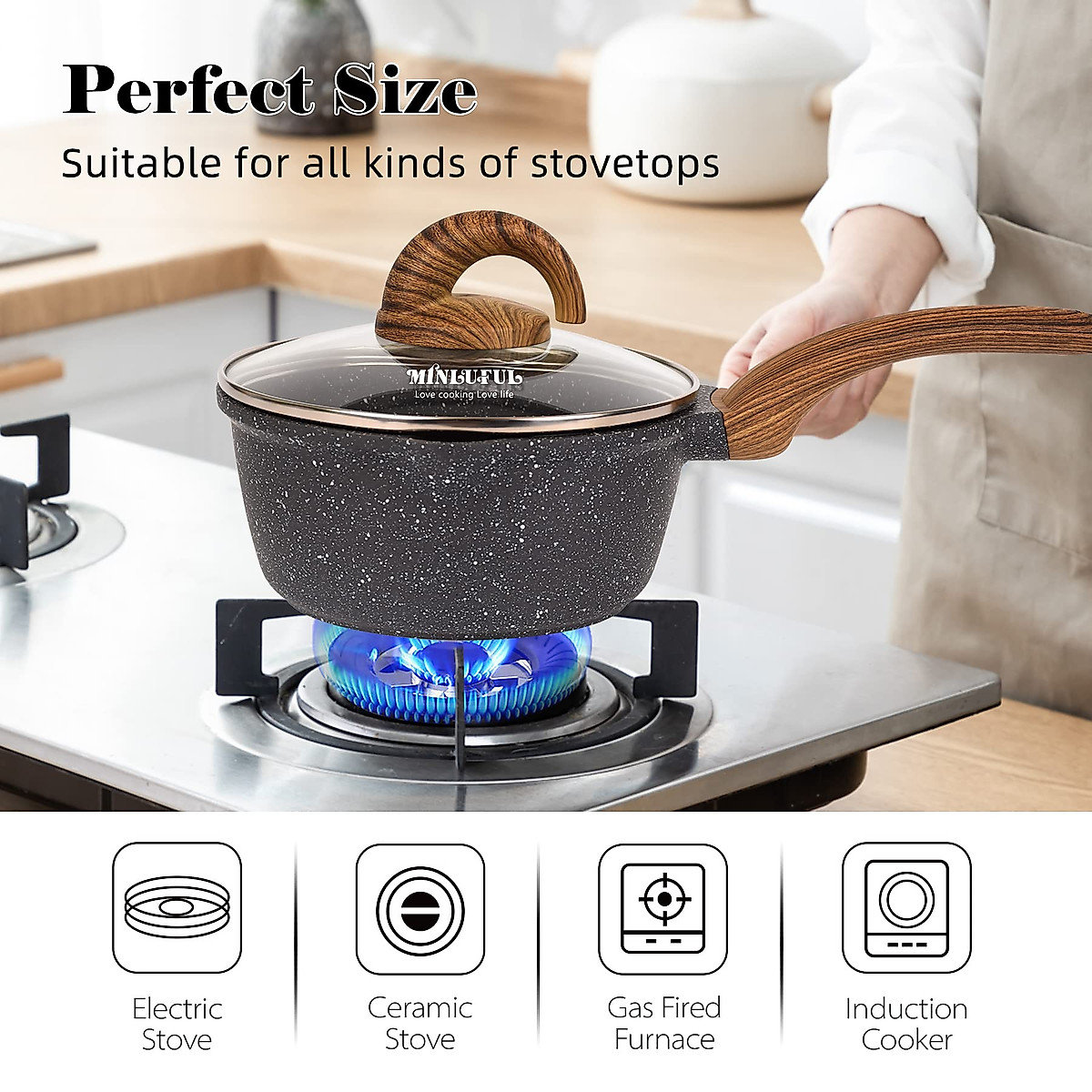 MINLUFUL Nonstick Saucepan with Lid, 1.8 Quart Classic Black Granite Coated Pasta Soup Pot for All Stovetops, 7 Inch Small Sauce Pan for Cooking Sauce Soup and Milk